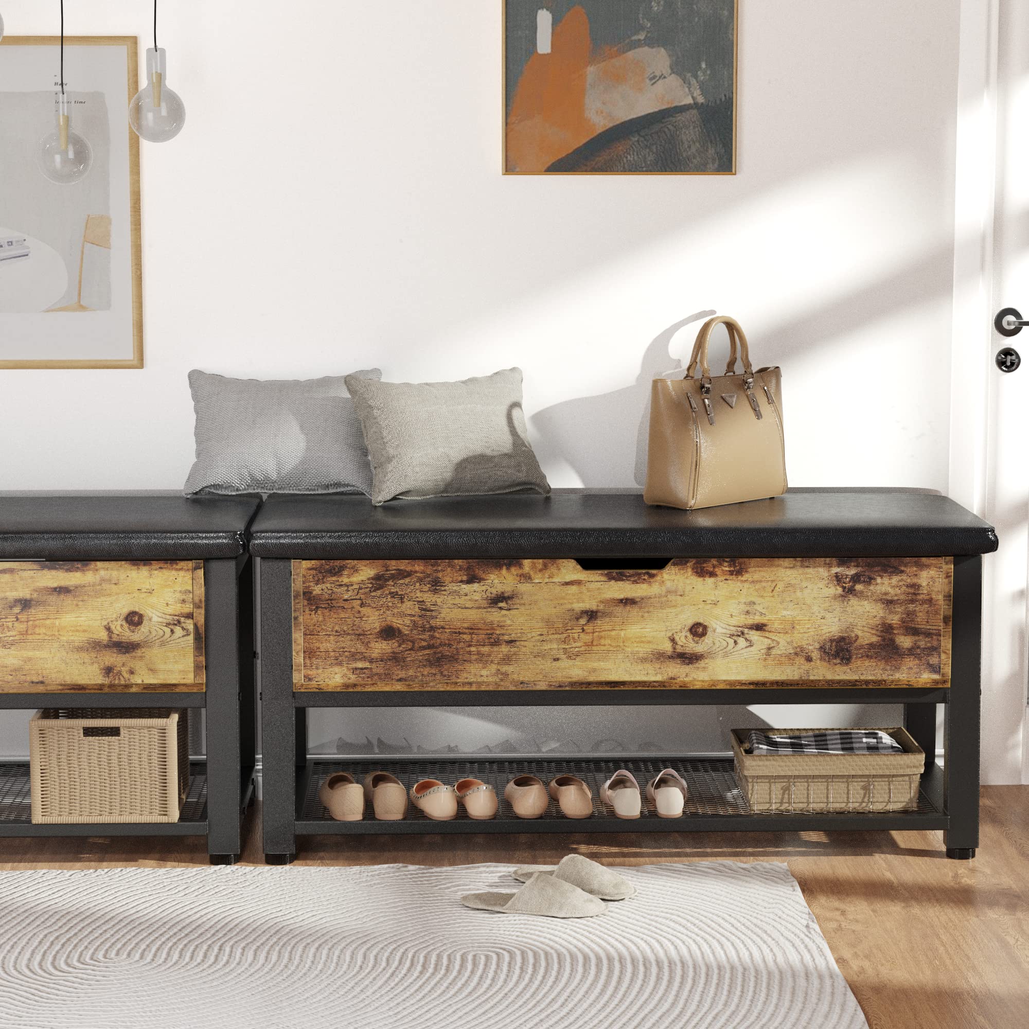 Mr IRONSTONE Shoe Storage Bench, Entryway Bench with Large Lift Top Storage Box and Leather Padded Cushion, Holds Up to 330 LB Shoe Bench for Entryway, Bedroom, Hallway, Bathroom, Rustic Brown