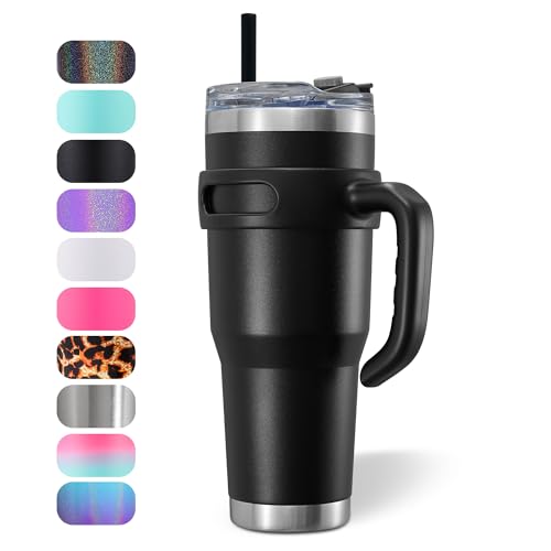 Zibtes 40oz Insulated Tumbler with Lid and Straws, Stainless Steel Double Vacuum Coffee Tumbler with Handle, lovely Travel Cup for Home, Office, Party (Black 1 pack)