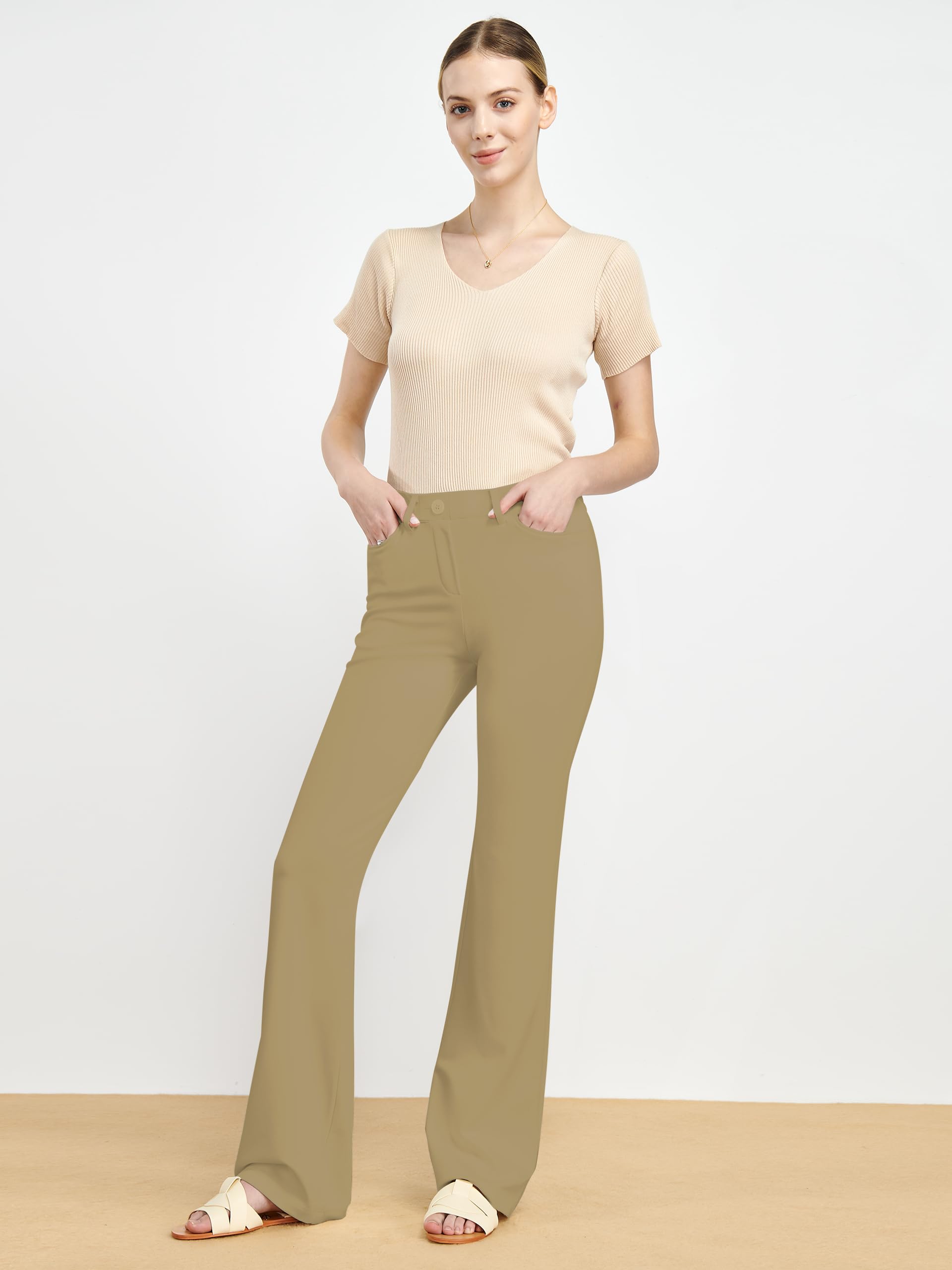 Tapata Women's 28''/30''/32''/34'' Stretchy Bootcut Dress Pants with Pockets Tall, Petite, Regular for Office Work Business 32",Oatmeal,M