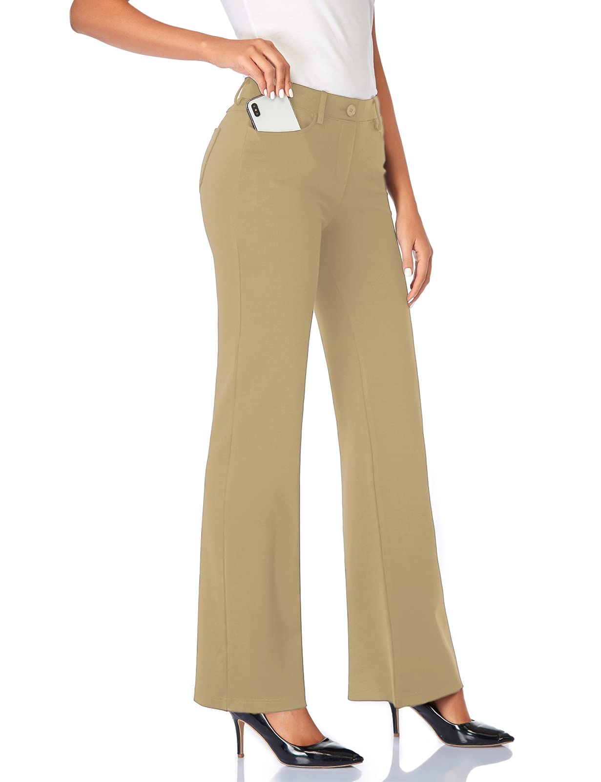 Tapata Women's 28''/30''/32''/34'' Stretchy Bootcut Dress Pants with Pockets Tall, Petite, Regular for Office Work Business 32",Oatmeal,M