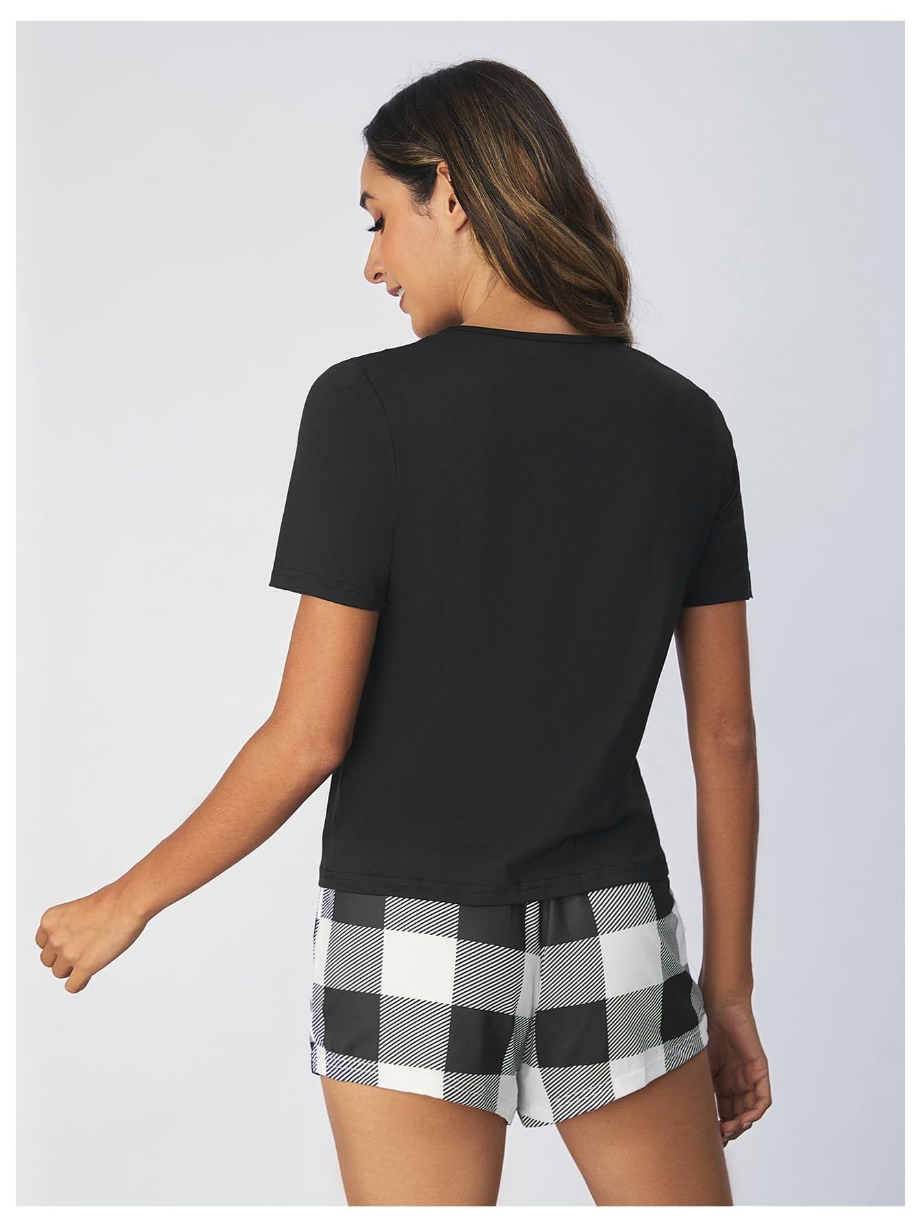 SOLY HUX Women's Short Sleeve Tee Top and Plaid Shorts Lounge Pajama Set Sleepwear Black White S