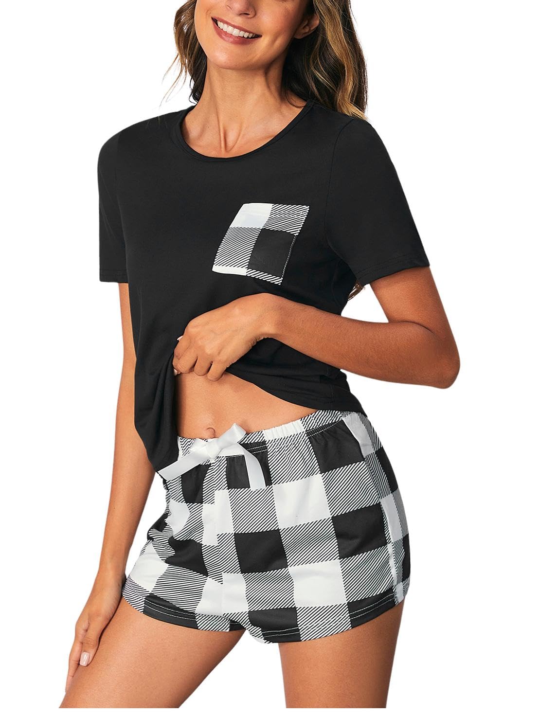 SOLY HUX Women's Short Sleeve Tee Top and Plaid Shorts Lounge Pajama Set Sleepwear Black White S
