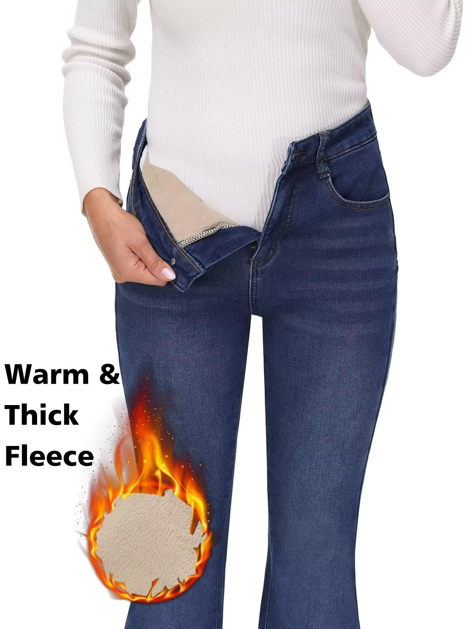 KDF Women's Fleece Lined Jeans Flare Bell Bottom Jeans Winter Super Warm Thick Fleece Denim High Waisted Stretch Jeans Fleece Pants 14,Dark Blue