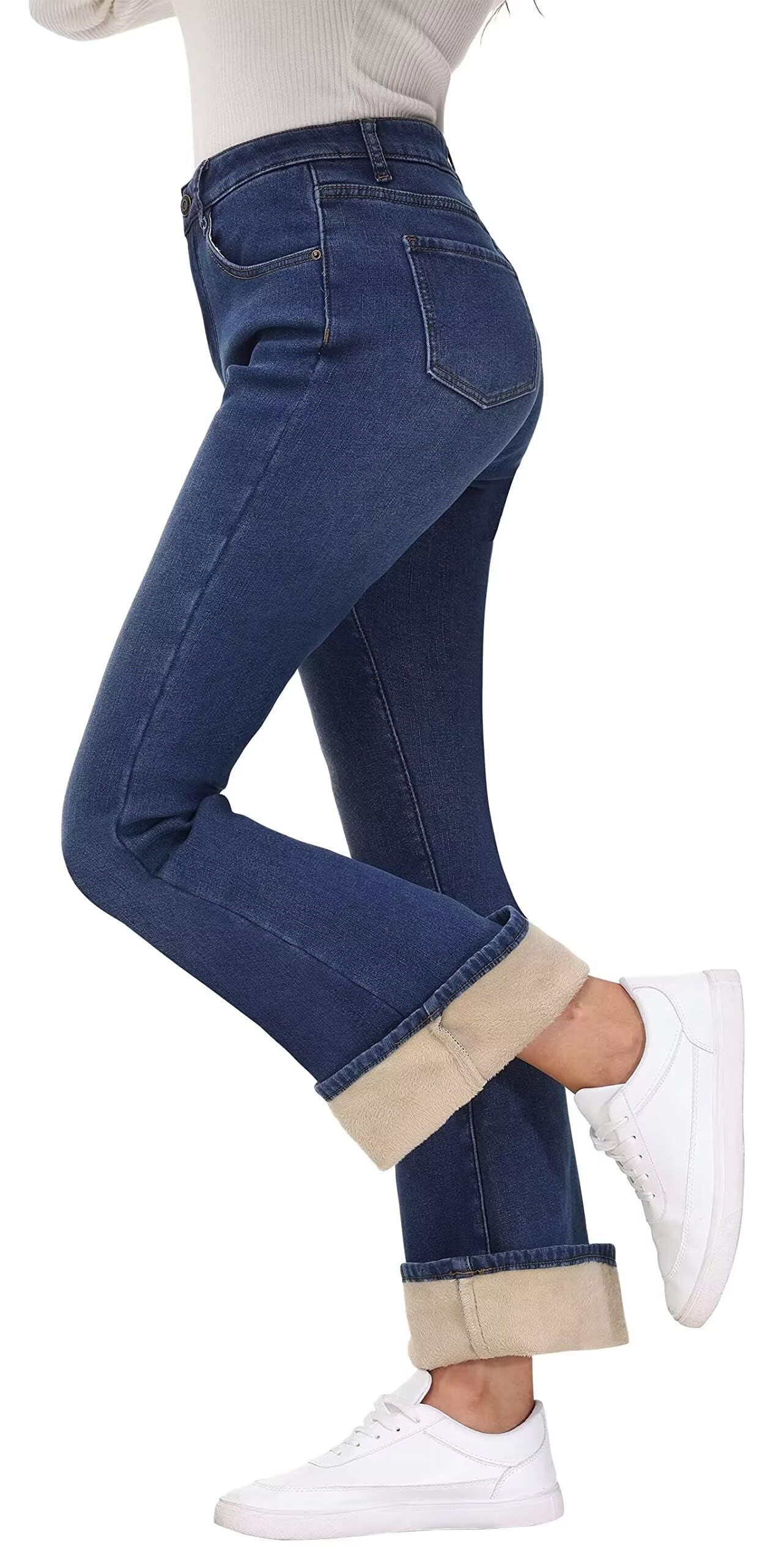 KDF Women's Fleece Lined Jeans Flare Bell Bottom Jeans Winter Super Warm Thick Fleece Denim High Waisted Stretch Jeans Fleece Pants 14,Dark Blue