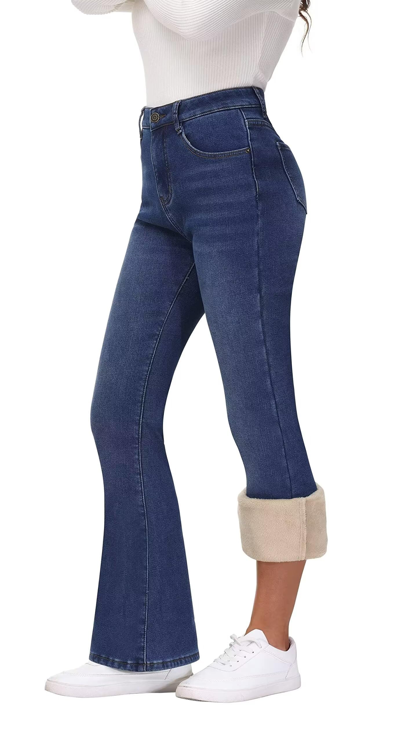 KDF Women's Fleece Lined Jeans Flare Bell Bottom Jeans Winter Super Warm Thick Fleece Denim High Waisted Stretch Jeans Fleece Pants 14,Dark Blue
