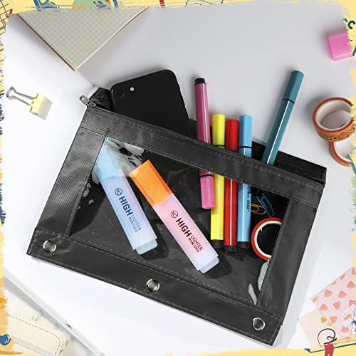 Marspark 48 Pieces 3 Ring Pencil Pouch Bag Bulk Zipper Pouches for 3 Ring Binder with Clear Window for Pencil Cases Office Supplies(Black)