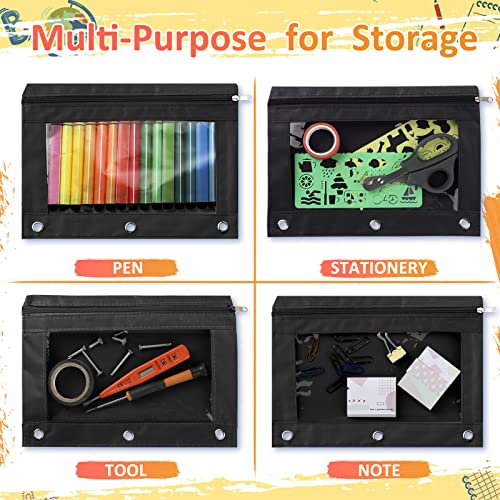 Marspark 48 Pieces 3 Ring Pencil Pouch Bag Bulk Zipper Pouches for 3 Ring Binder with Clear Window for Pencil Cases Office Supplies(Black)