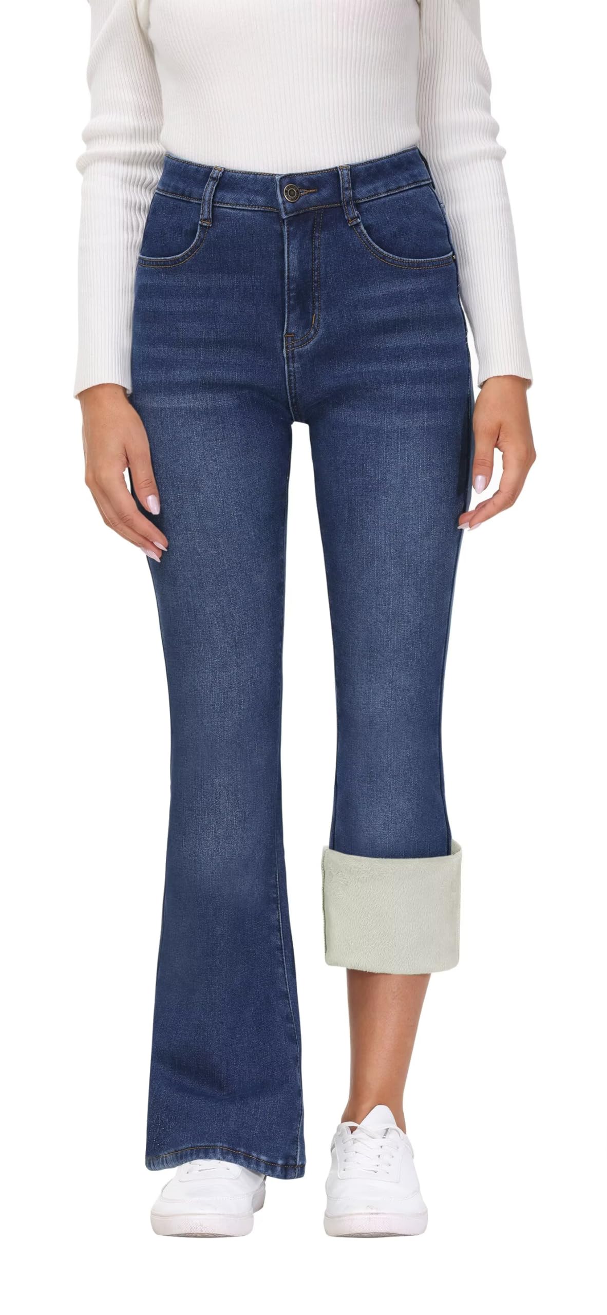 KDF Women's Fleece Lined Jeans Flare Bell Bottom Jeans Winter Super Warm Thick Fleece Denim High Waisted Stretch Jeans Fleece Pants 14,Dark Blue