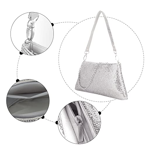Women Glitter Aluminum Sequins Evening Clutch Shoulder Bag Chain Strap Cross Body Bag
