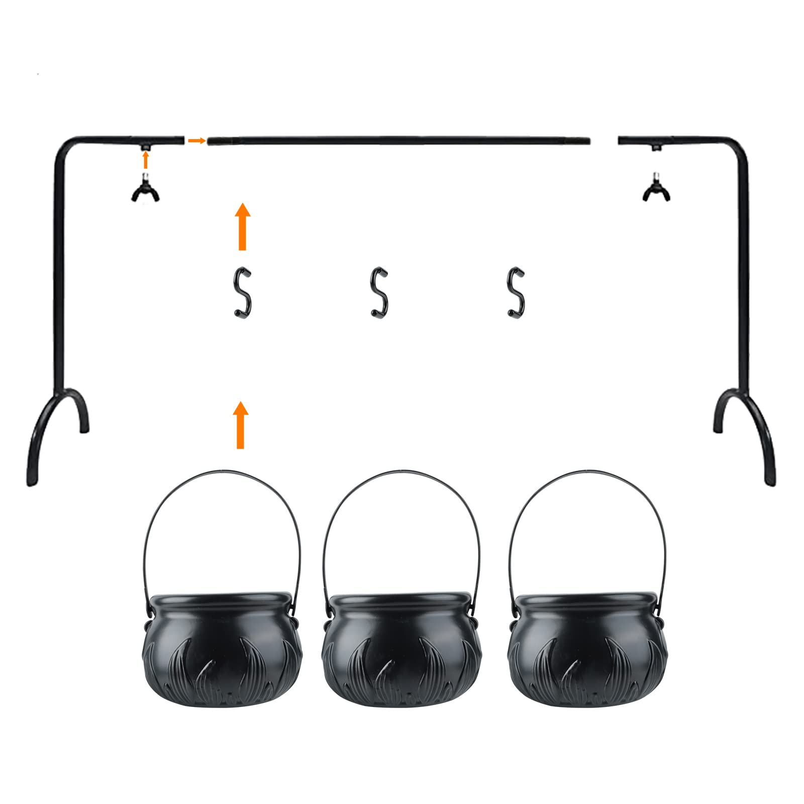 HOMSHIAM Halloween Decorations,Set of 3 Witches Cauldron Serving Bowls on Rack with Shelf and String Lights -Black Plastic Candy Bucket Cauldron for Halloween Decor Indoor Outdoor Home Kitchen