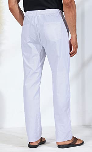 Soojun Men's Casual Linen Blend Relaxed Fit Straight Legs Elastic Waist Pants, White, 38W x 32L