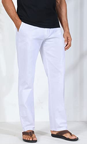 Soojun Men's Casual Linen Blend Relaxed Fit Straight Legs Elastic Waist Pants, White, 38W x 32L
