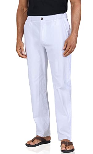 Soojun Men's Casual Linen Blend Relaxed Fit Straight Legs Elastic Waist Pants, White, 38W x 32L