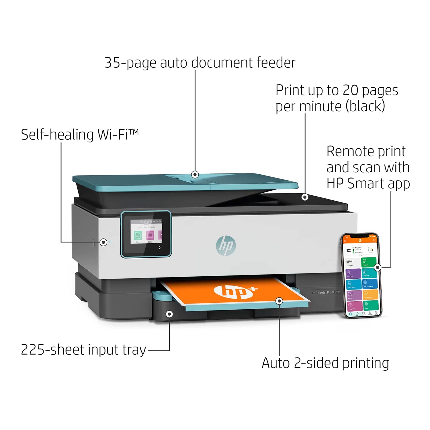 HP OfficeJet Pro 8028e All-in-One Wireless Color Inkjet Printer, Print Copy Scan Fax, Auto 2-Sided Printing, 20 ppm, 2.7" Color Touchscreen, Self-Healing Wi-Fi, W/MD Cable