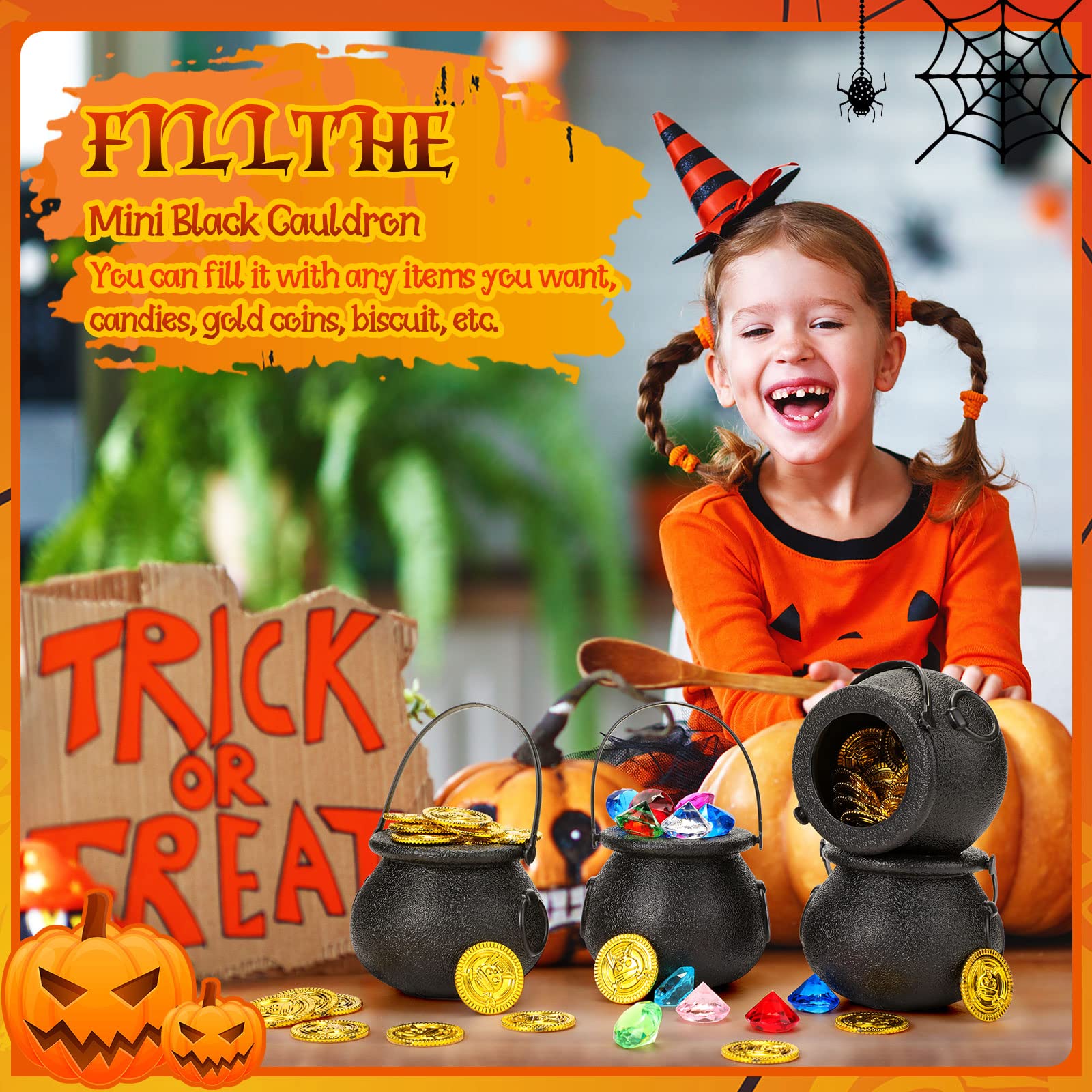 64 Pcs Halloween Mini Witch Cauldron Set Kettles 4 Pack Small Plastic Black Candy Cauldron Kettles with 60 Pieces Gold Coins Candy Holder Pot with Handle for Wizard Party Birthday Pirate Party
