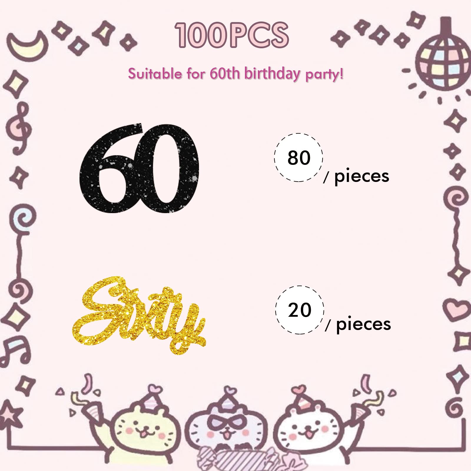 Set of 100 Happy 60th Birthday Confetti, Gold Glitter Sixty Paper Scatter, 60th Birthay Party Decorations, 60 Smash Cake Decor, Happy 60th Anniversary Party Decor