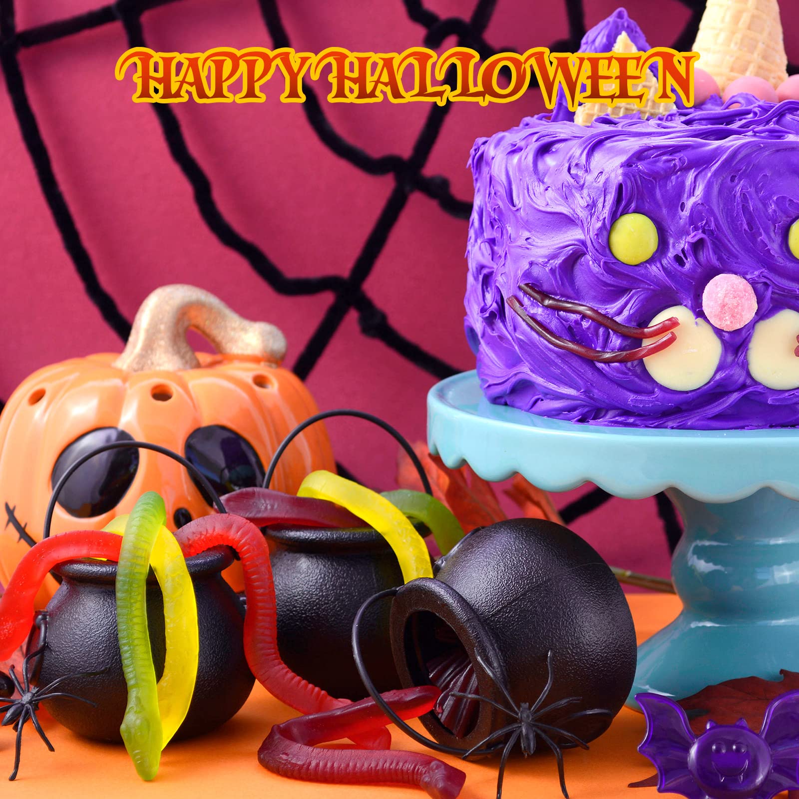 64 Pcs Halloween Mini Witch Cauldron Set Kettles 4 Pack Small Plastic Black Candy Cauldron Kettles with 60 Pieces Gold Coins Candy Holder Pot with Handle for Wizard Party Birthday Pirate Party
