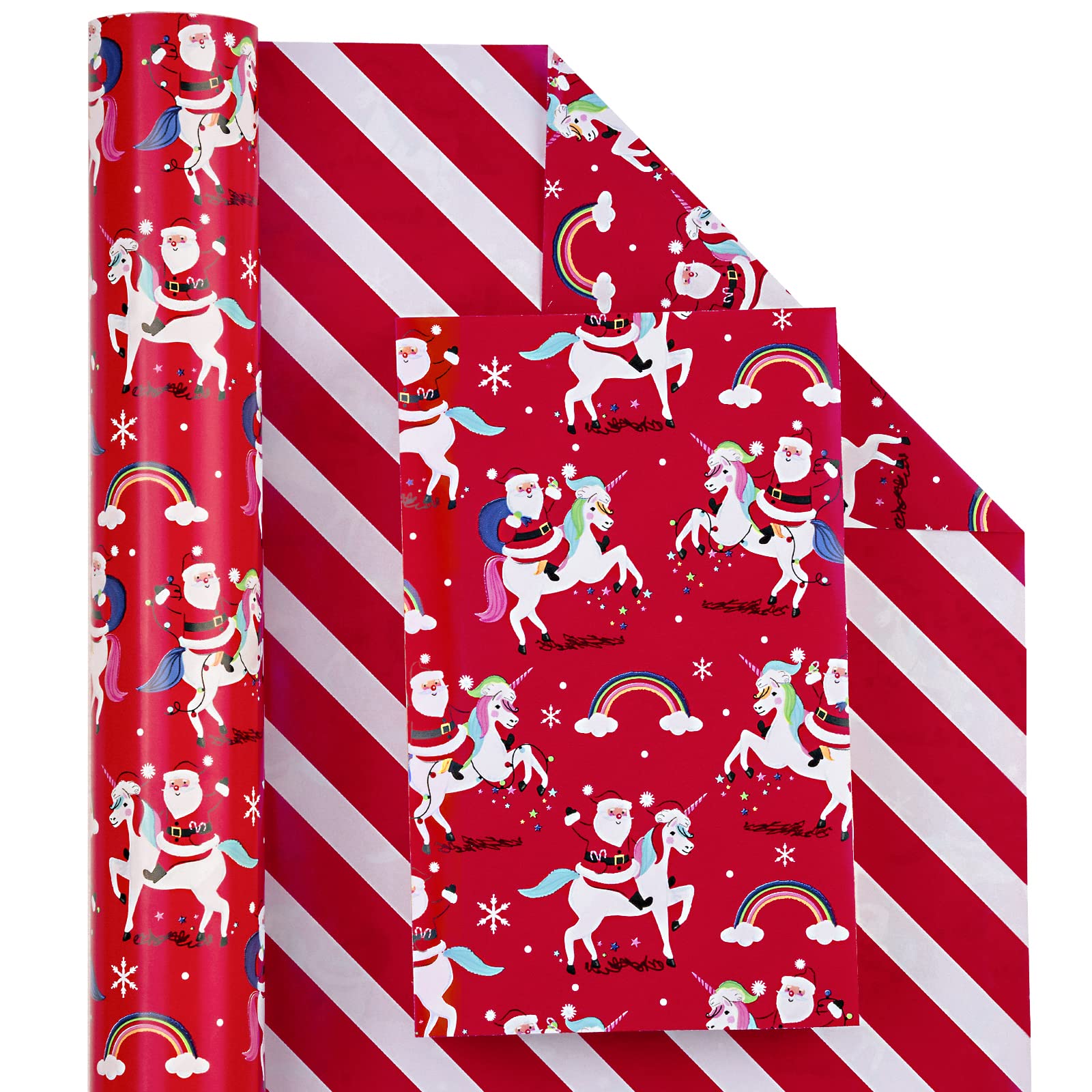 WRAPAHOLIC Reversible Christmas Wrapping Paper - Mini Roll - 17 Inch X 33 Feet - Red Santa Claus and Unicorn, Red and White Stripe Design for Holiday, Party, Celebration
