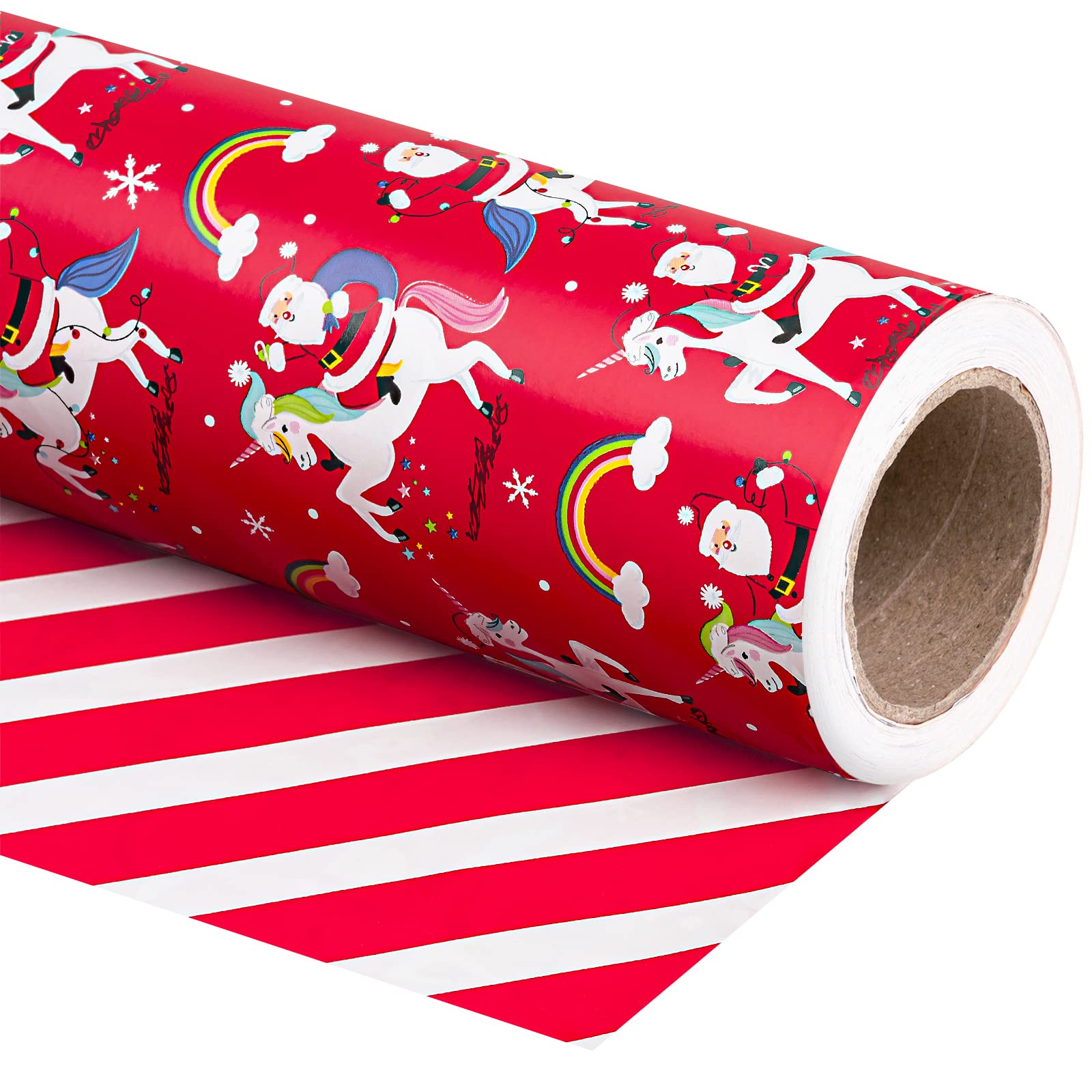 WRAPAHOLIC Reversible Christmas Wrapping Paper - Mini Roll - 17 Inch X 33 Feet - Red Santa Claus and Unicorn, Red and White Stripe Design for Holiday, Party, Celebration