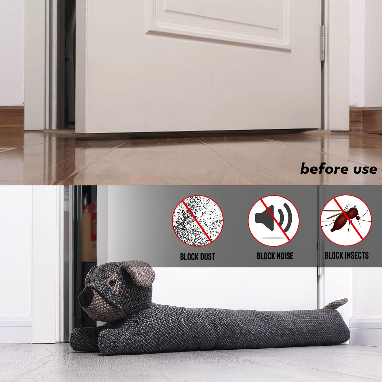 CERAYOU Dog Fabric Under Door Draft Stopper, 3LB Heavy Duty Decorative Soundproof Door Draft Blocker, 34 Inch Animal Energy Saving Draft Guard, Dark Grey