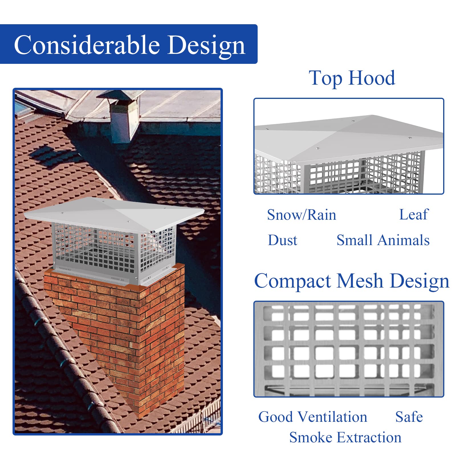 Flieeya Chimney Cap, Stainless Steel Chimney Cap, 17" x 29" Bolt On Single Flue Chimney Cover 304 Stainless Steel Fireplace Chimney Cover Adjustable for Outdoor Masonry Chimney