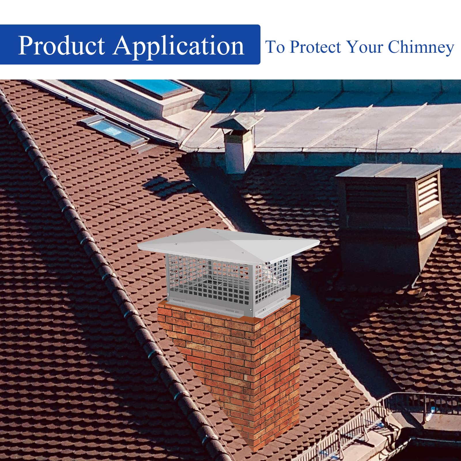 Flieeya Chimney Cap, Stainless Steel Chimney Cap, 17" x 29" Bolt On Single Flue Chimney Cover 304 Stainless Steel Fireplace Chimney Cover Adjustable for Outdoor Masonry Chimney