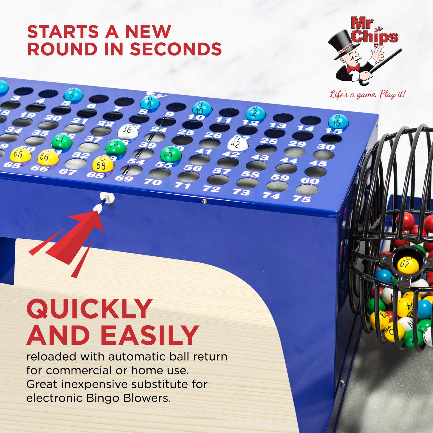 MR CHIPS Bingo Cage and Balls Set Plus 10 Quick Clear Cards