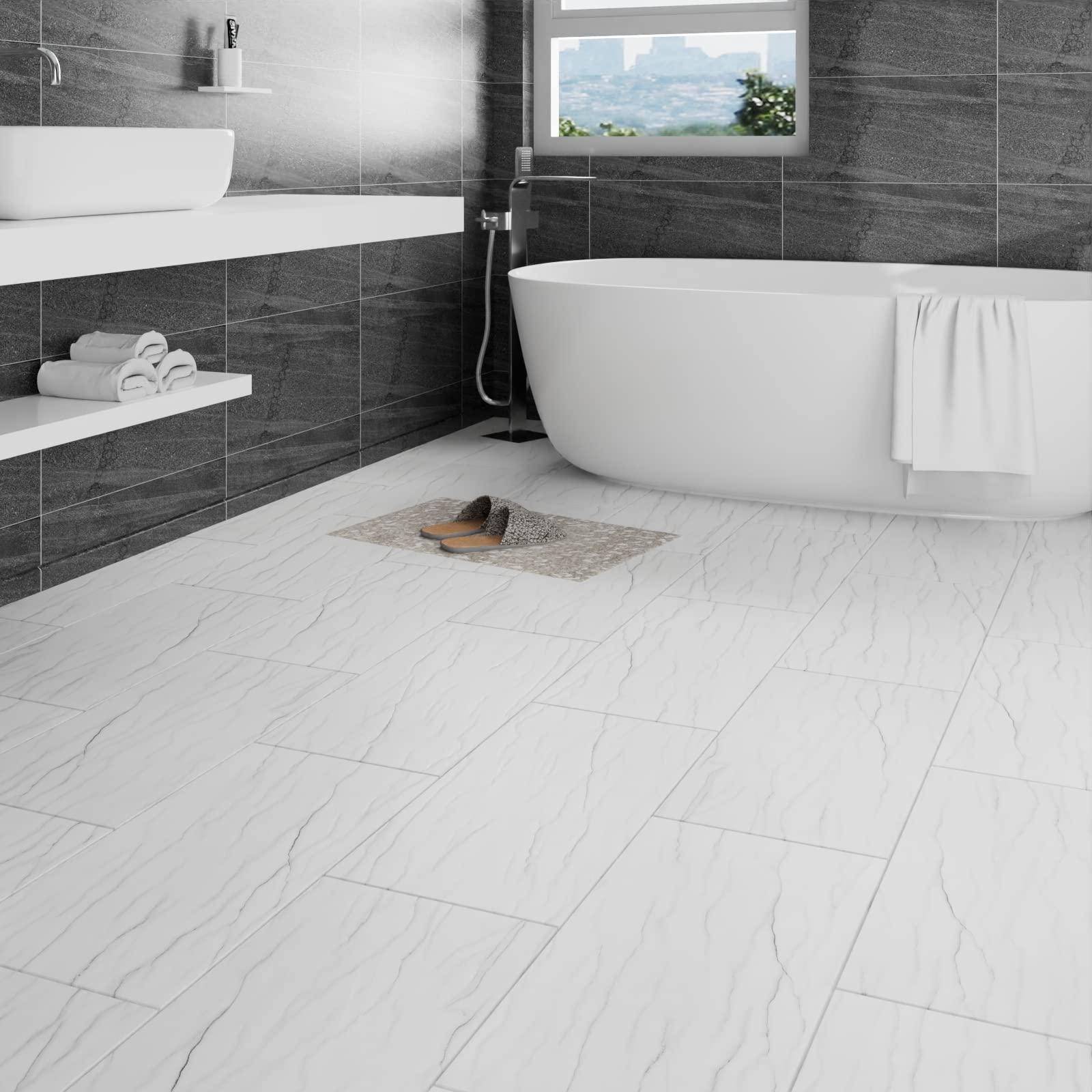 LaCheery Grey White Peel and Stick Floor Tile Marble 12x24 Inch Self Adhesive Vinyl Floor Tiles Peel and Stick Waterproof Removable Floor Tiles for Bathroom Kitchen Flooring Tiles Peel and Stick 4 PCS
