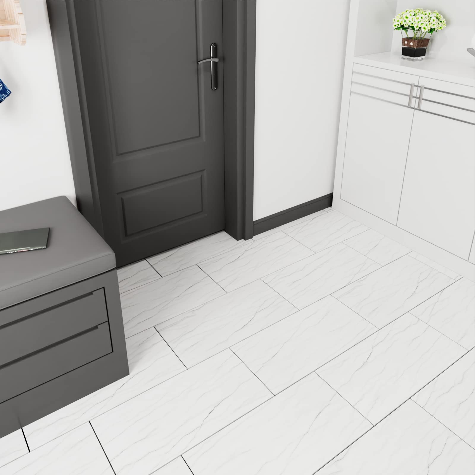 LaCheery Grey White Peel and Stick Floor Tile Marble 12x24 Inch Self Adhesive Vinyl Floor Tiles Peel and Stick Waterproof Removable Floor Tiles for Bathroom Kitchen Flooring Tiles Peel and Stick 4 PCS