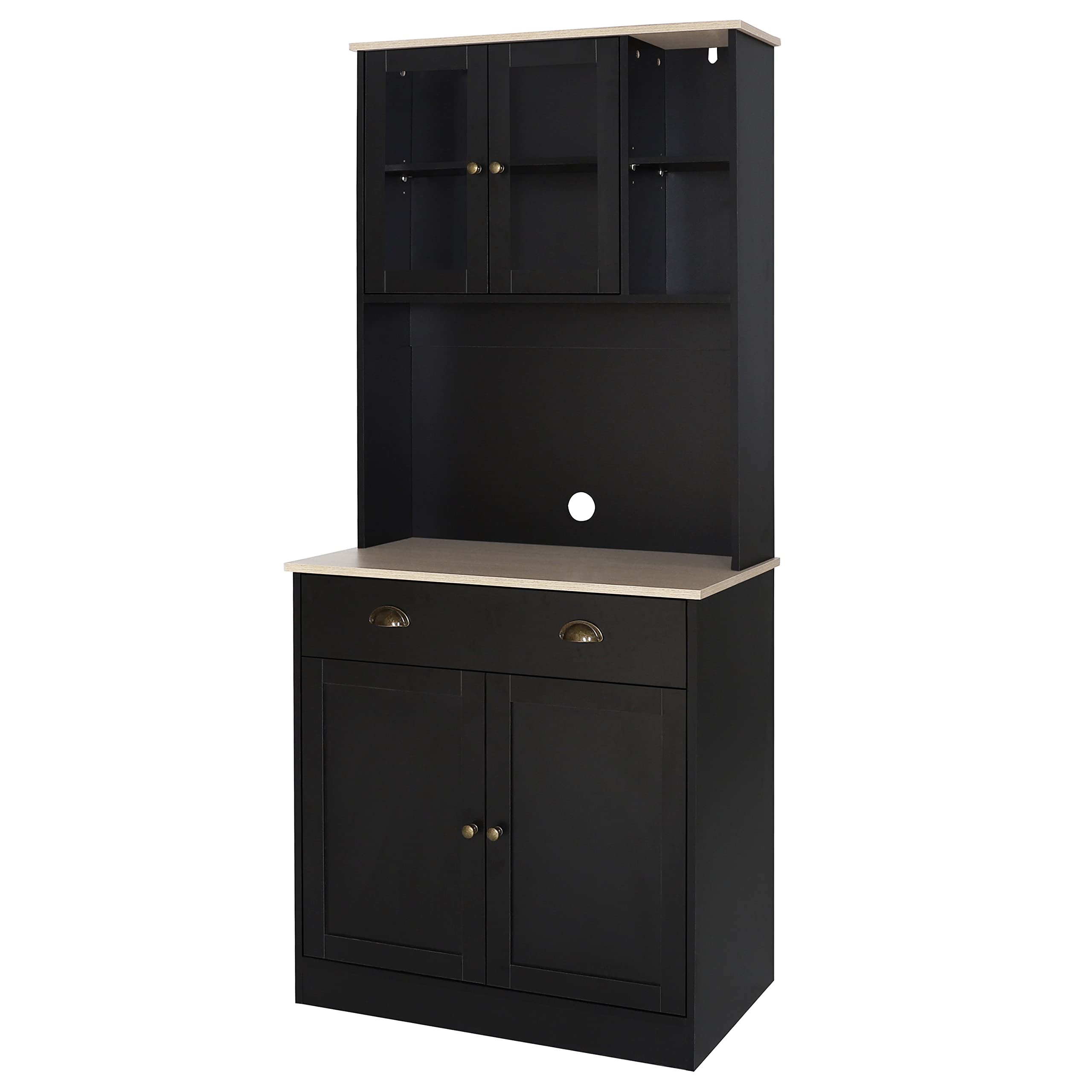 MUPATER 72'' Kitchen Pantry Cabinet Storage Hutch with Microwave Stand, Freestanding Pantry Buffet Cabinet with Adjustable Shelves, Cupboard and Drawer for Home, Black