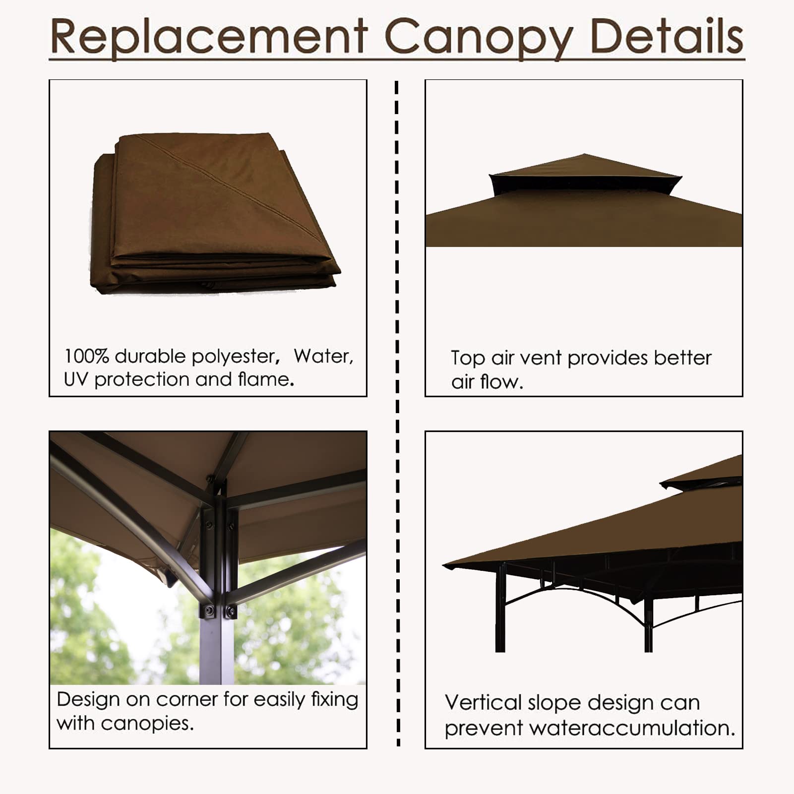 Hugline 5x8 Outdoor Grill Shelter Canopy Top L-GG001PST-F (Brown)+ Mosquito Netting 10' x 10' Outdoor Mesh Netting Screen 4-Panel Sidewall Curtain with Zipper (Khaki)