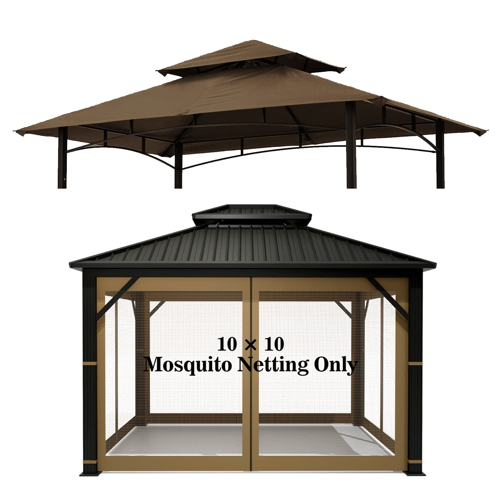 Hugline 5x8 Outdoor Grill Shelter Canopy Top L-GG001PST-F (Brown)+ Mosquito Netting 10' x 10' Outdoor Mesh Netting Screen 4-Panel Sidewall Curtain with Zipper (Khaki)