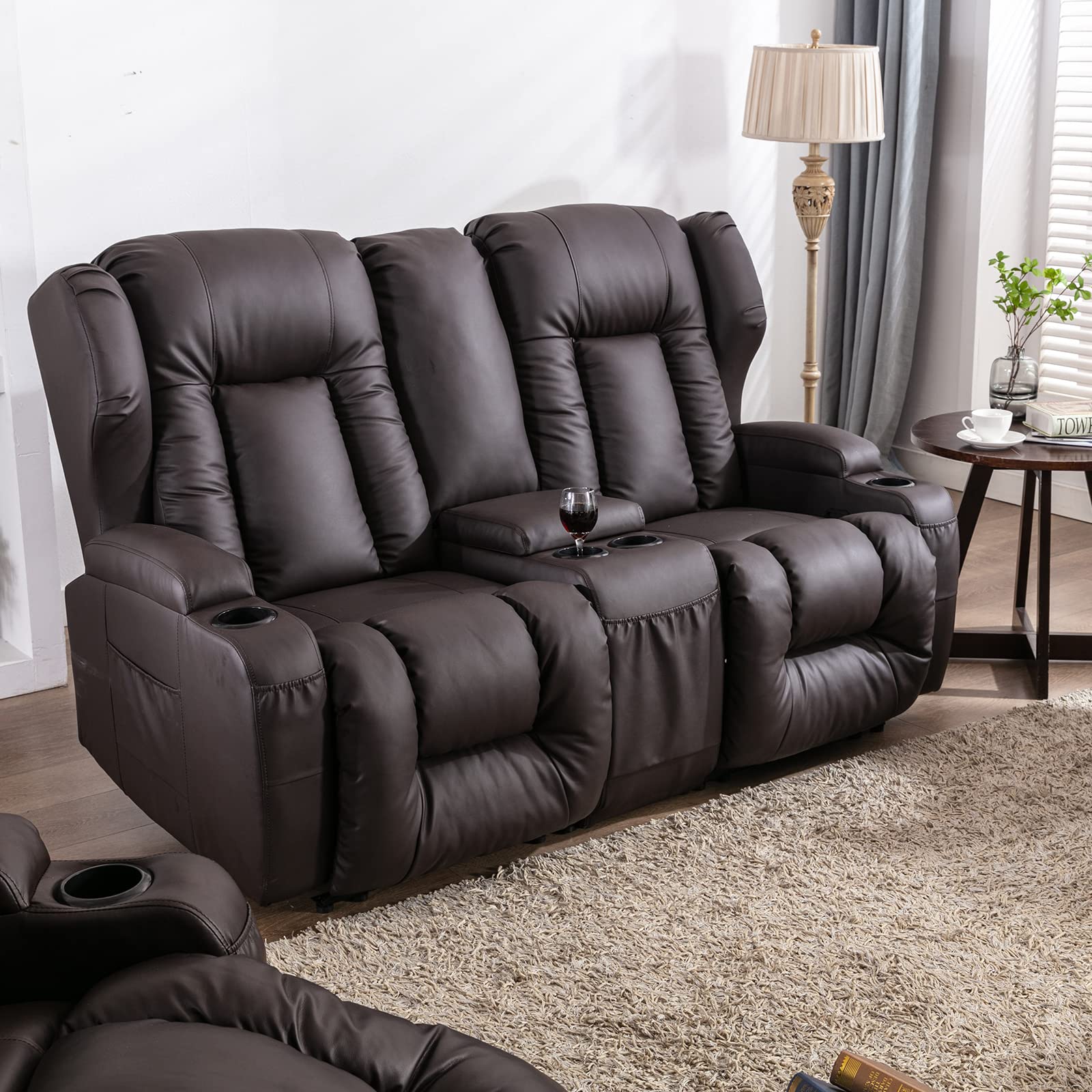 SAMERY RV Loveseat Recliner Sofa, Manual Reclining Loveseat with Console, 2 Seat Recliner Sofa Chair for Living Room RV Theater Recliner Love Seat with Cup Holders/Pockets/Pillows
