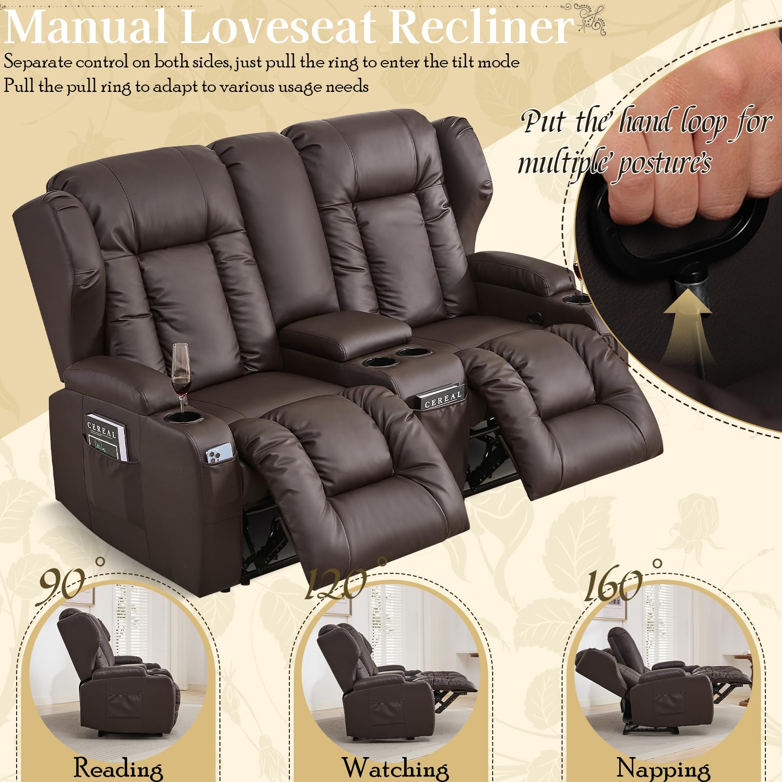 SAMERY RV Loveseat Recliner Sofa, Manual Reclining Loveseat with Console, 2 Seat Recliner Sofa Chair for Living Room RV Theater Recliner Love Seat with Cup Holders/Pockets/Pillows