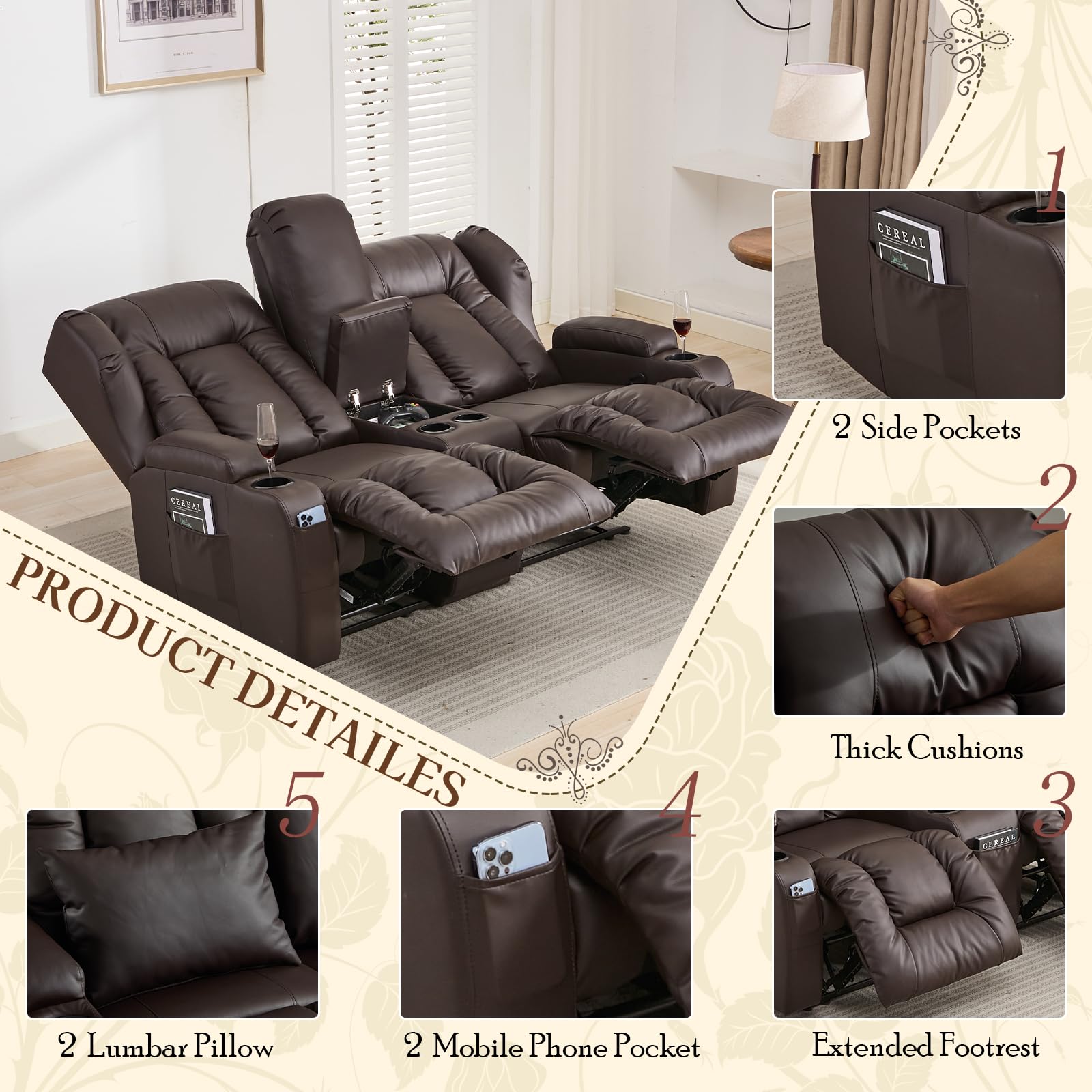 SAMERY RV Loveseat Recliner Sofa, Manual Reclining Loveseat with Console, 2 Seat Recliner Sofa Chair for Living Room RV Theater Recliner Love Seat with Cup Holders/Pockets/Pillows