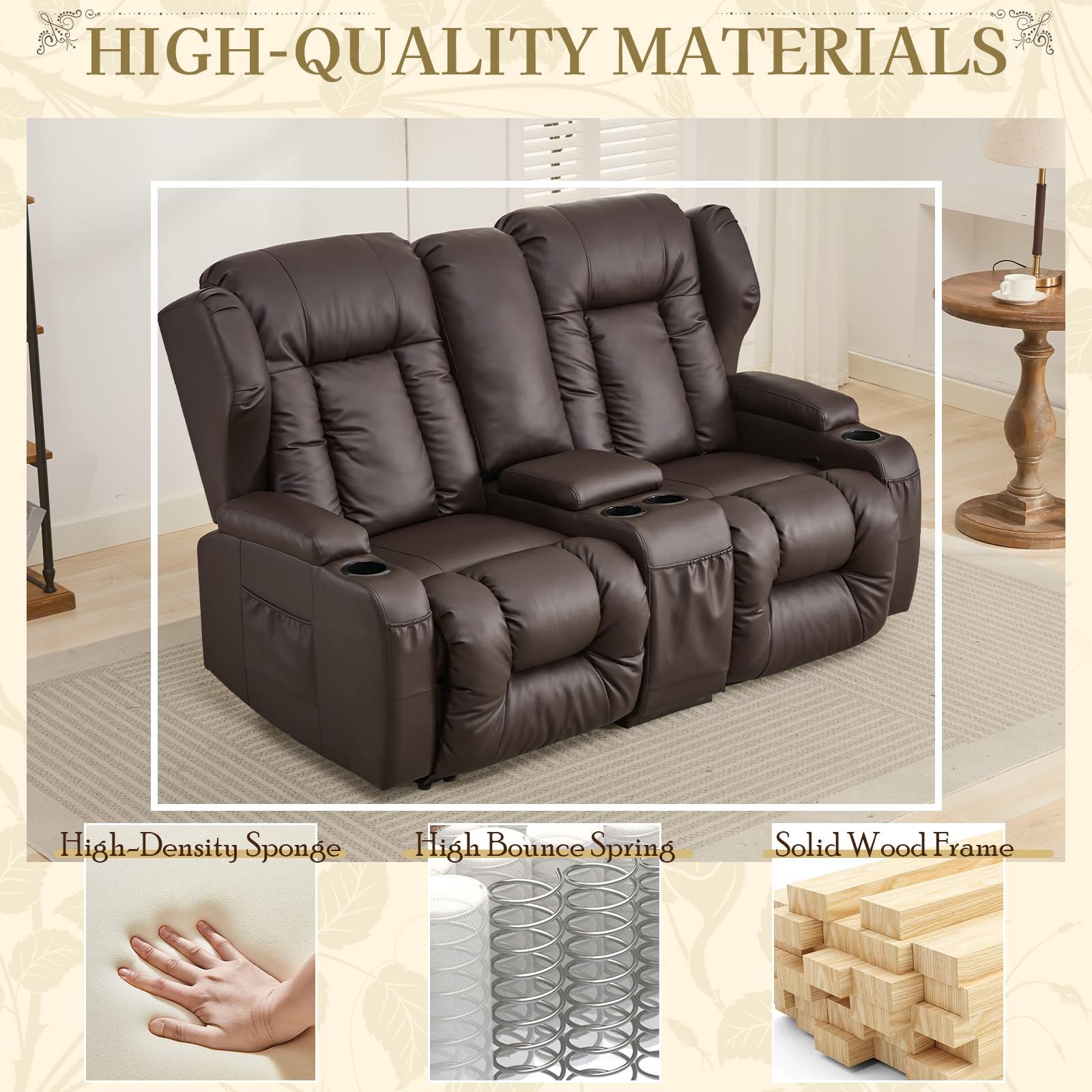 SAMERY RV Loveseat Recliner Sofa, Manual Reclining Loveseat with Console, 2 Seat Recliner Sofa Chair for Living Room RV Theater Recliner Love Seat with Cup Holders/Pockets/Pillows
