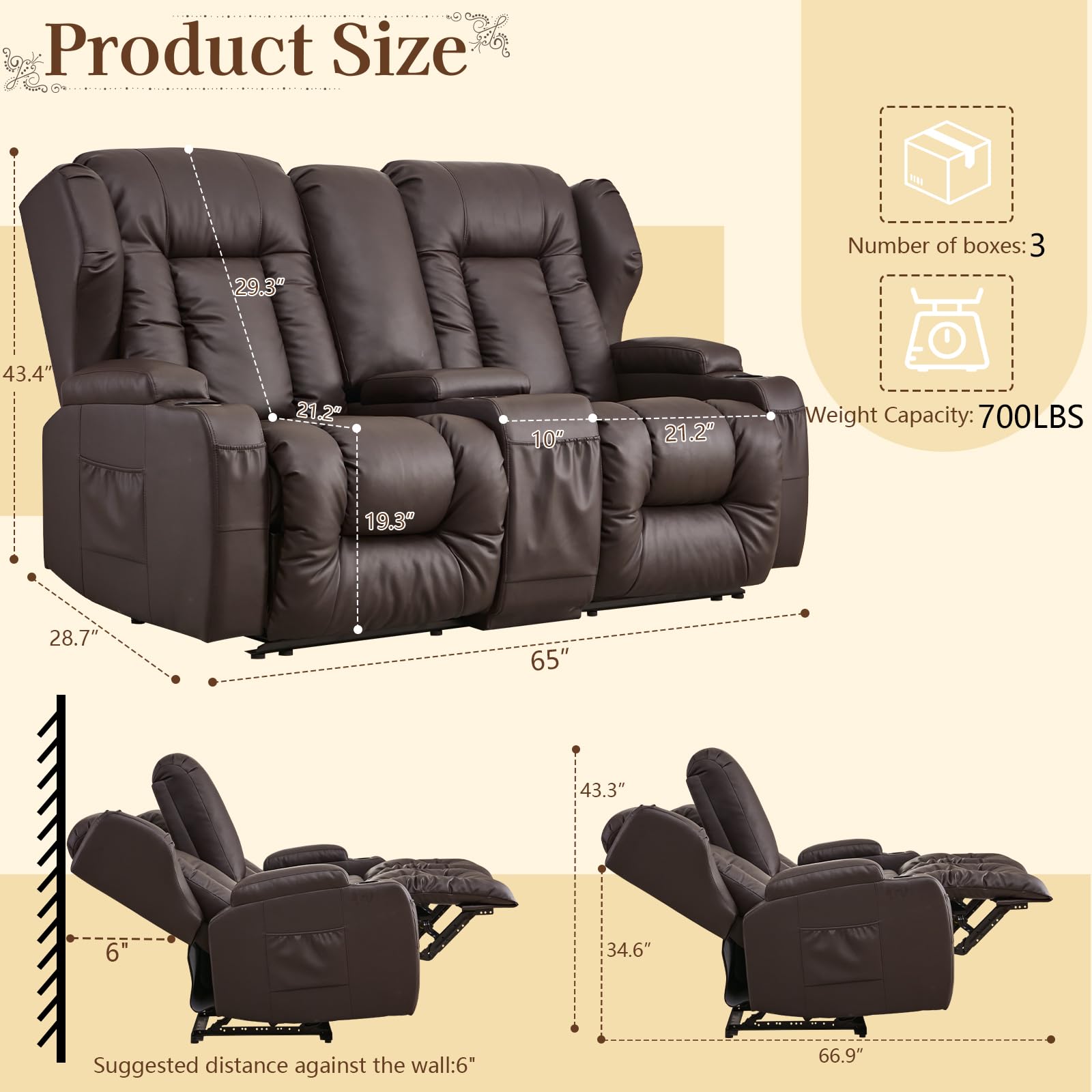 SAMERY RV Loveseat Recliner Sofa, Manual Reclining Loveseat with Console, 2 Seat Recliner Sofa Chair for Living Room RV Theater Recliner Love Seat with Cup Holders/Pockets/Pillows