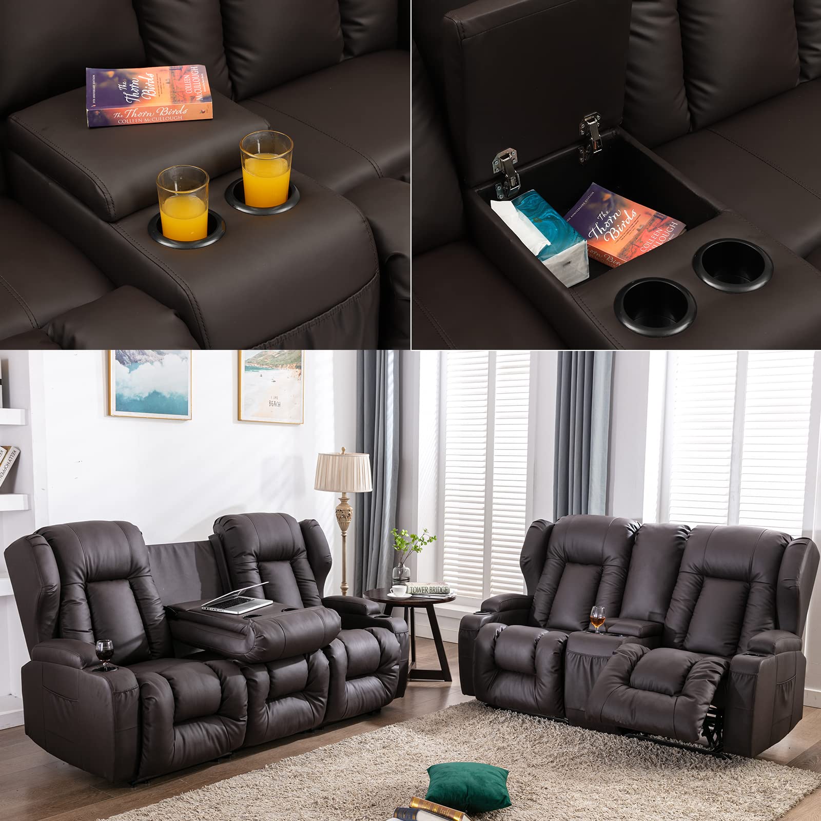 SAMERY RV Loveseat Recliner Sofa, Manual Reclining Loveseat with Console, 2 Seat Recliner Sofa Chair for Living Room RV Theater Recliner Love Seat with Cup Holders/Pockets/Pillows