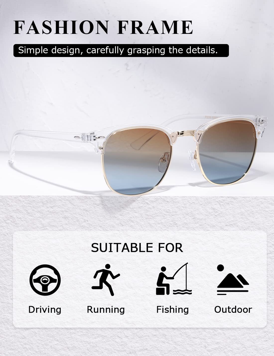 AEVOGUE Polarized Sunglasses For Women And Men Semi Rimless Frame Retro Sun Glasses AE0369 (Matte Tortoiseshell Green Lens&Transparent Brown Blue)