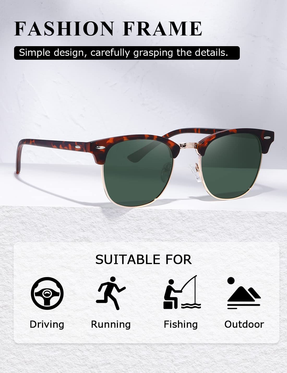 AEVOGUE Polarized Sunglasses For Women And Men Semi Rimless Frame Retro Sun Glasses AE0369 (Matte Tortoiseshell Green Lens&Transparent Brown Blue)
