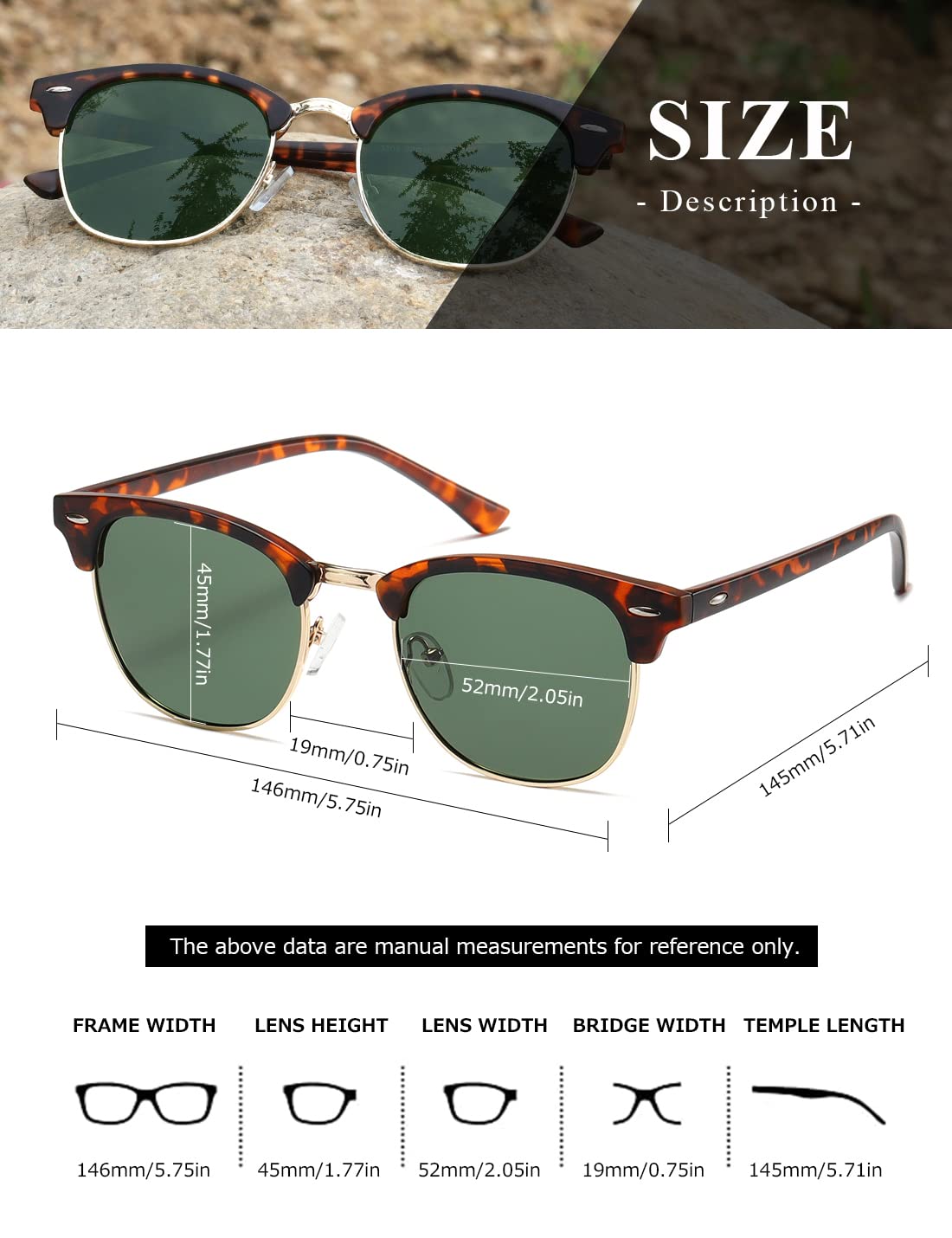 AEVOGUE Polarized Sunglasses For Women And Men Semi Rimless Frame Retro Sun Glasses AE0369 (Matte Tortoiseshell Green Lens&Transparent Brown Blue)