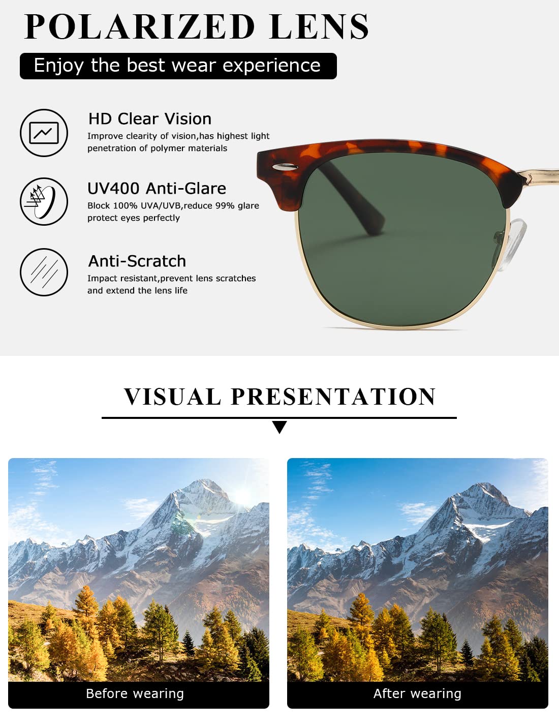 AEVOGUE Polarized Sunglasses For Women And Men Semi Rimless Frame Retro Sun Glasses AE0369 (Matte Tortoiseshell Green Lens&Transparent Brown Blue)