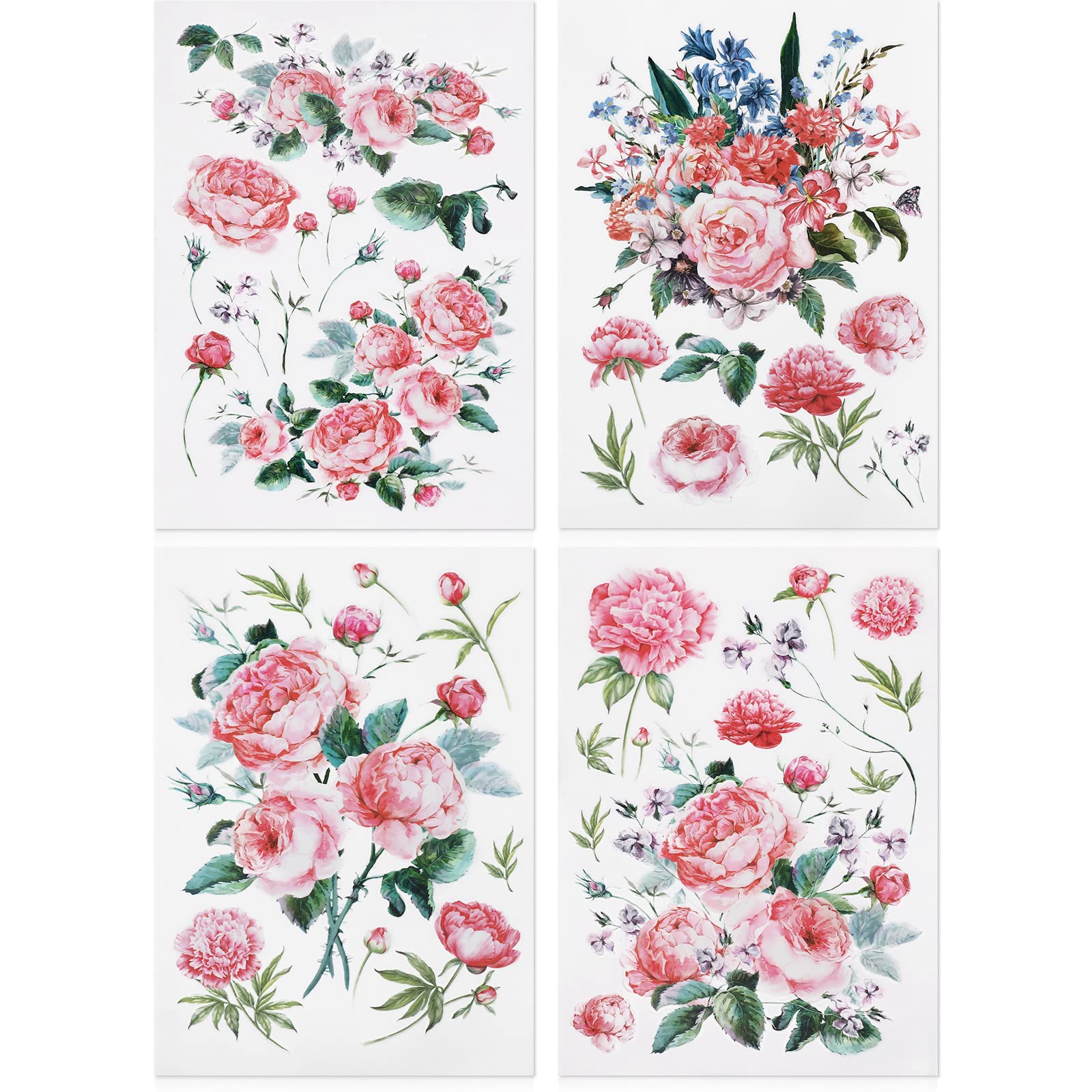 Yexiya 4 Sheet Flowers Rub on Transfer for Crafts and Furniture Spring Butterfly Vintage Iron on Transfers Decals 11.8 x 7.9 Inch Rose Floral Furniture for Home Office Wood DIY Craft(Flower Style)