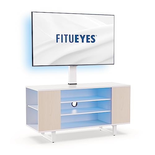 FITUEYES TV Stand with Mount for 32-70 inch TVs, Entertainment Center Holds Up to 110 Pounds, Swivel Floor TV Stand Mount for Living Room, Bedroom (Natural Television Stands, LED Light)