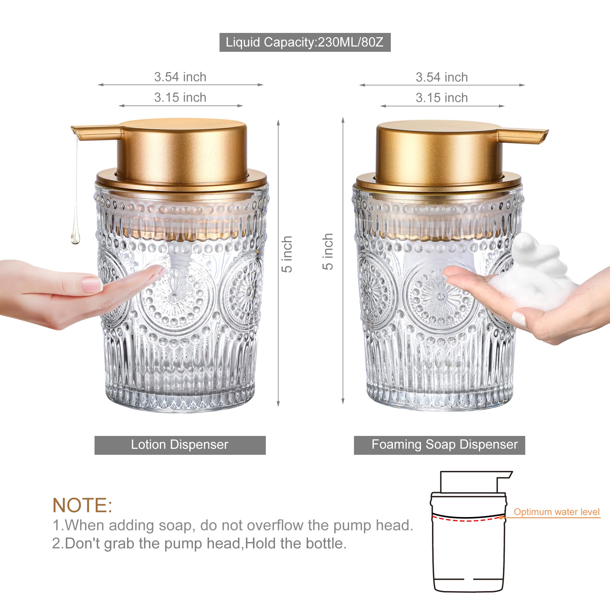 MKLZ 8 Oz Glass Foam Soap Dispenser, Clear Hand Liquid Bottles with Gold Plastic Pump, Refillable Round Foaming Lotion Dispensing for Kitchen Sink & Bathroom Counter