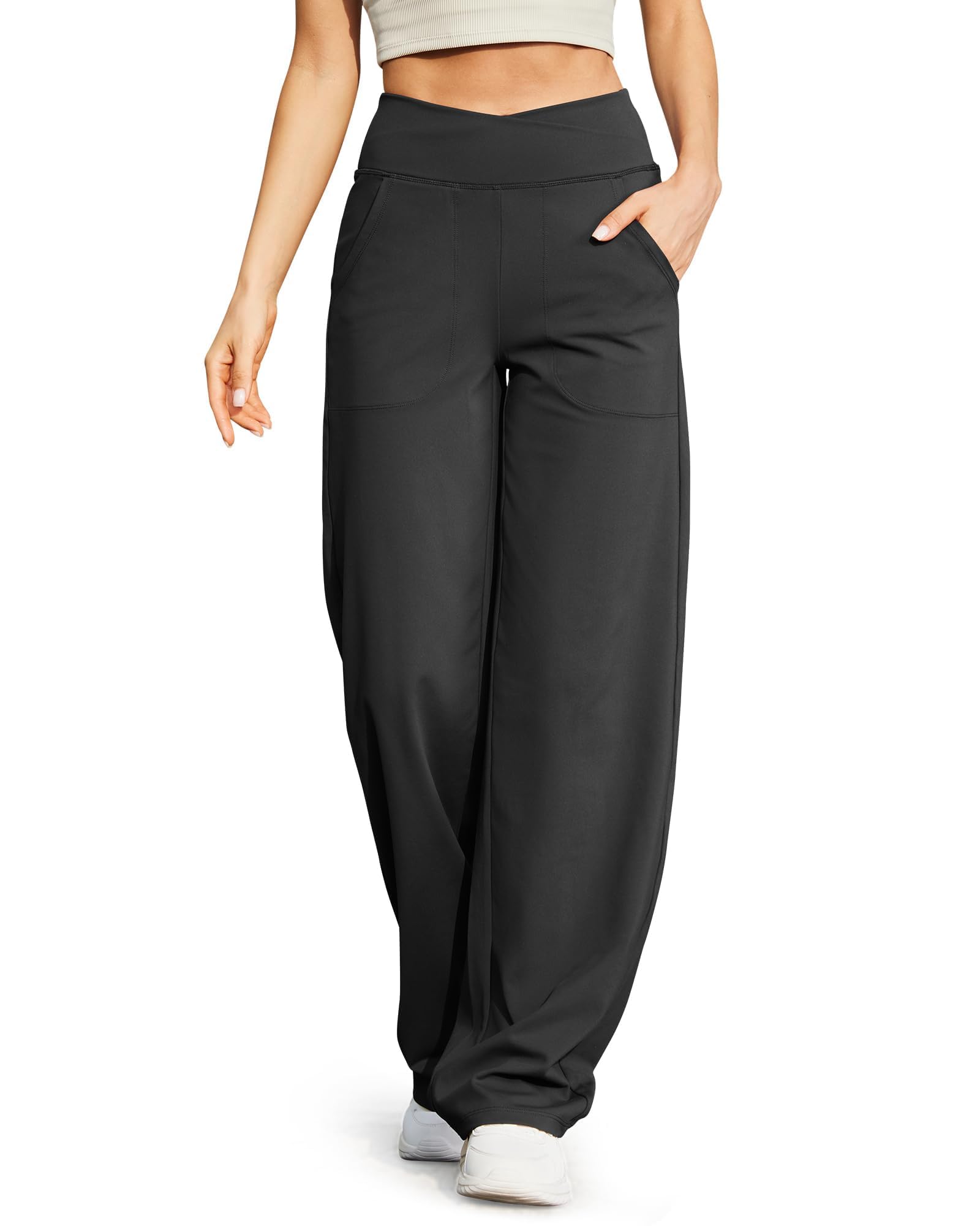 G4Free Wide Leg Pants for Women Flare Dress Yoga Pants with Pockets Stretch Lounge Business Casual Work Pants(Black,L,31")
