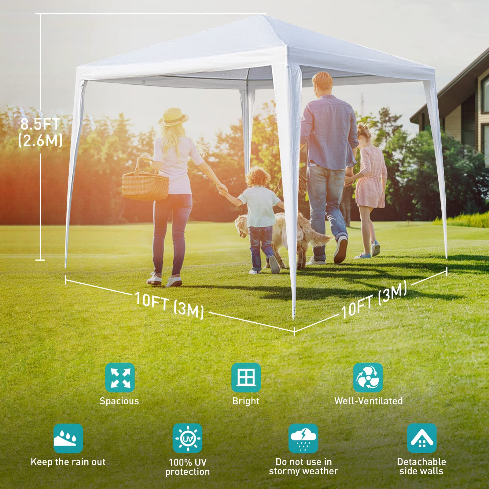 10' x 10' Outdoor Canopy Tent, White Party Tent with Spiral Tube, Wedding Patio Gazebo with Dressed Legs, Small Waterproof Tent for Barbecue, Camping
