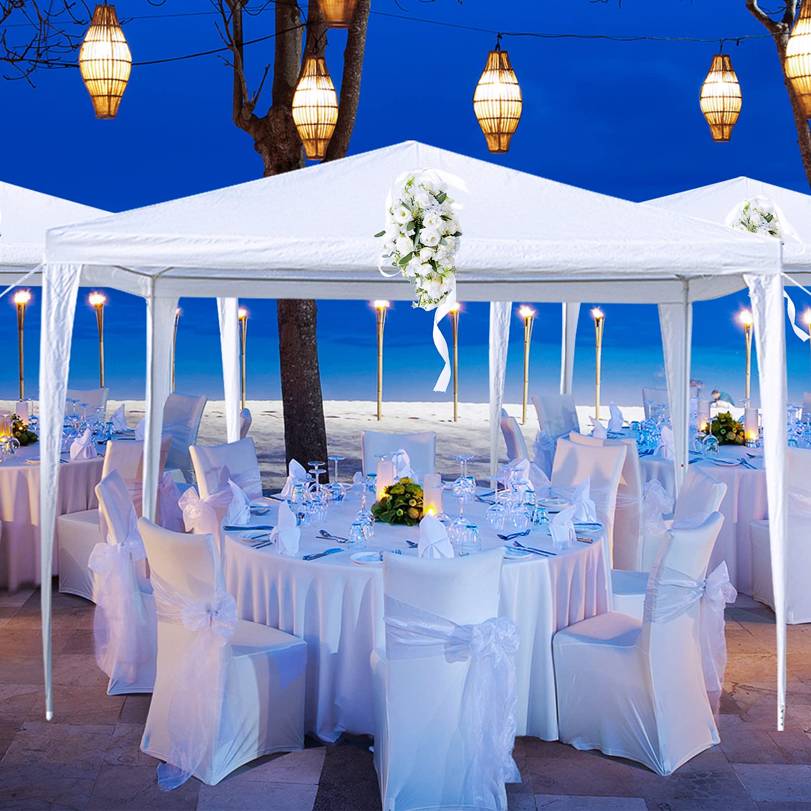 10' x 10' Outdoor Canopy Tent, White Party Tent with Spiral Tube, Wedding Patio Gazebo with Dressed Legs, Small Waterproof Tent for Barbecue, Camping