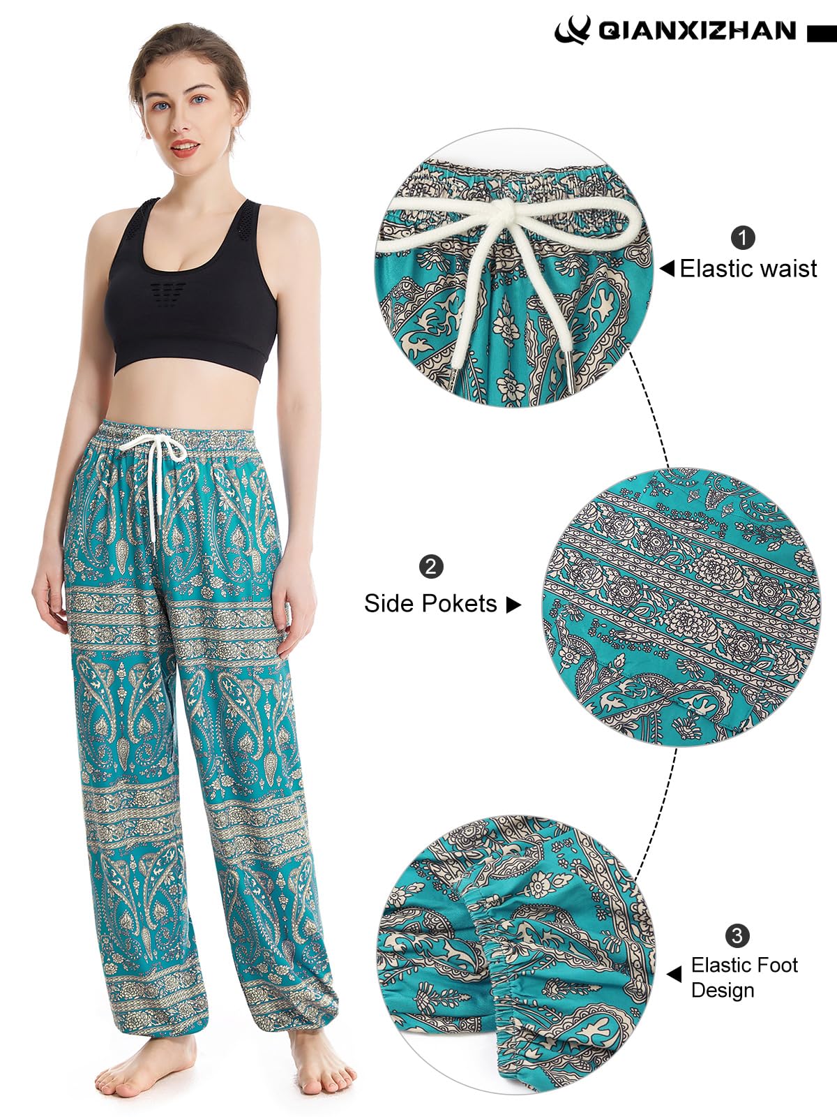QIANXIZHAN Women's Harem Pants, Hippie Palazzo Pants Boho Joggers Yoga Clothes with Pockets Cyan Flower 2XL