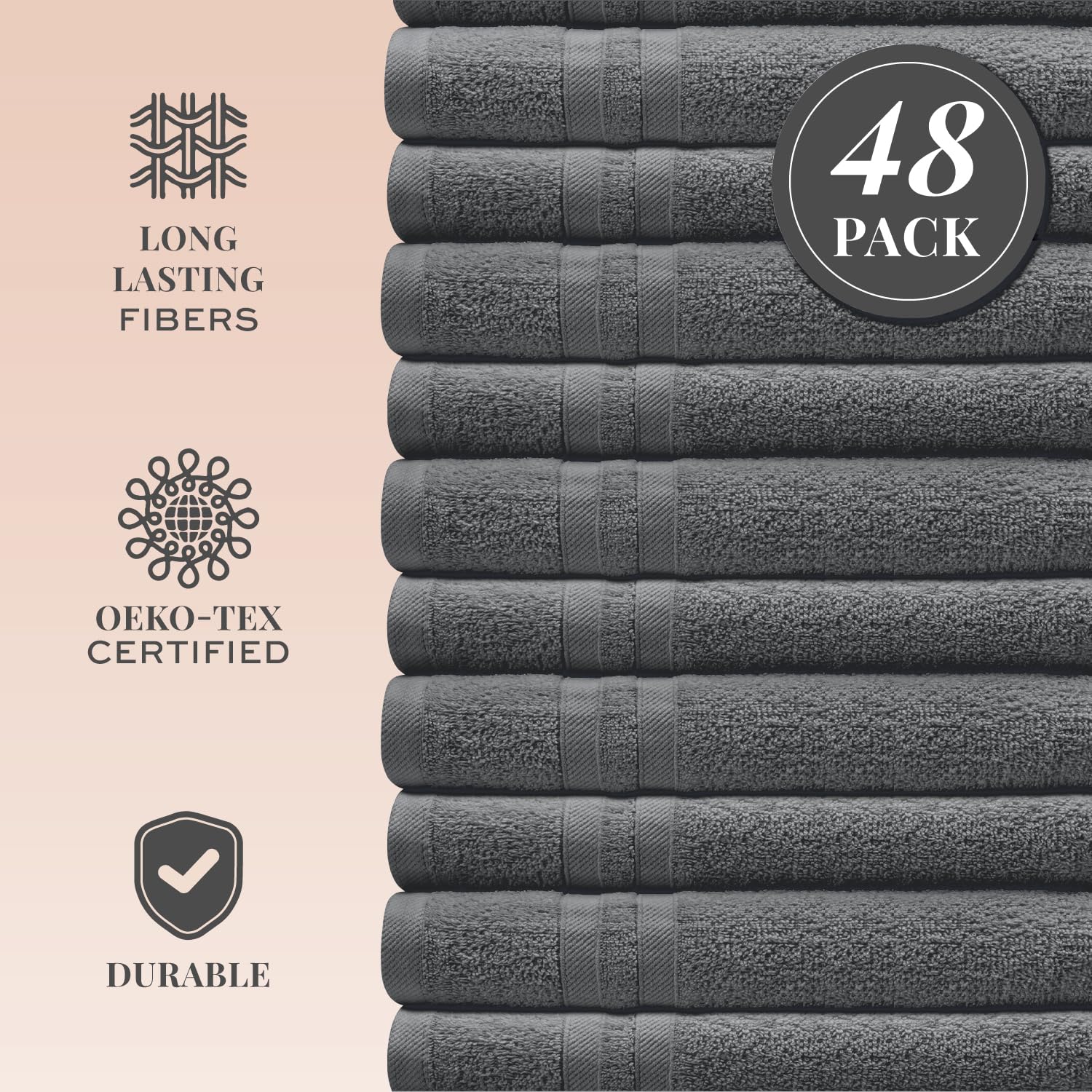 White Classic Wealuxe Grey Washcloths for Body and Face Towel, Cotton Wash Cloths Bulk 48 Pack, Wash Clothes 12x12 Inch, Soft Absorbent Gym Towels